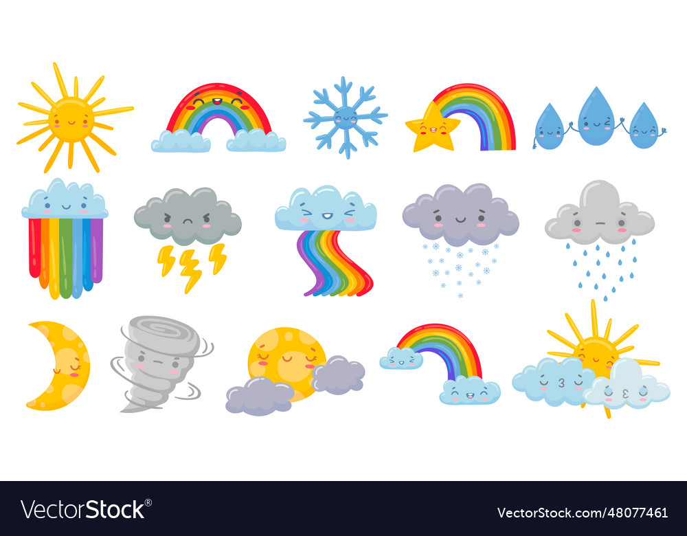 Cute cartoon weather happy hot sun rainbow over Vector Image