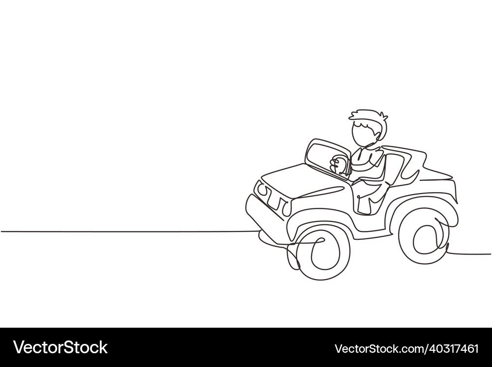 Single one line drawing boy driving car happy Vector Image
