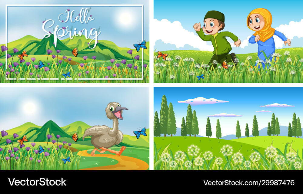 Four background scenes with children and animals Vector Image