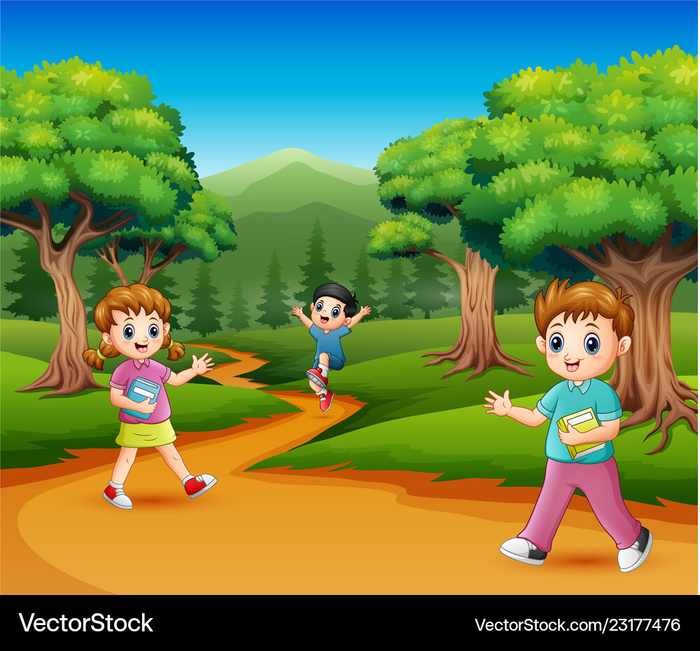 Happy school children in the forest Royalty Free Vector
