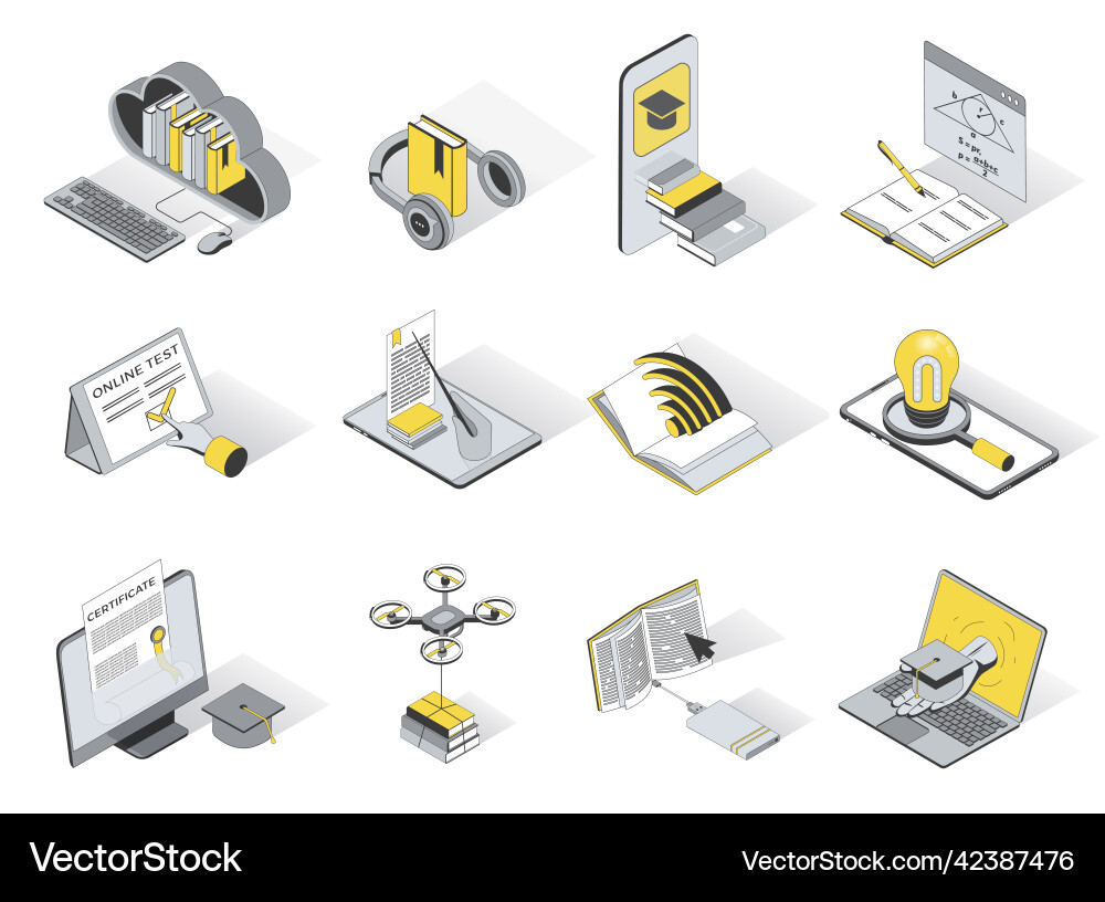 Online education concept 3d isometric icons set Vector Image