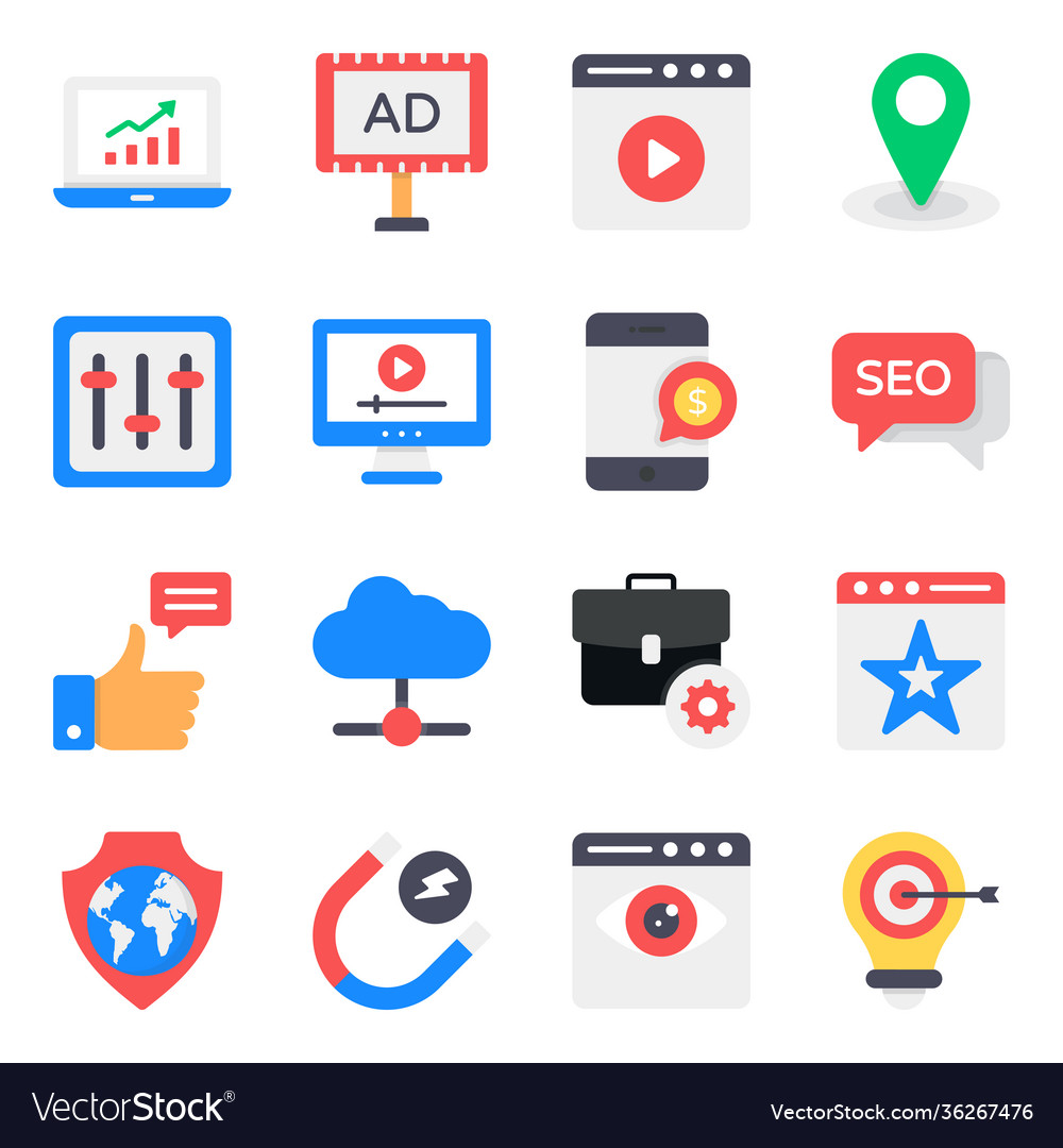 Pack digital marketing flat icons Royalty Free Vector Image
