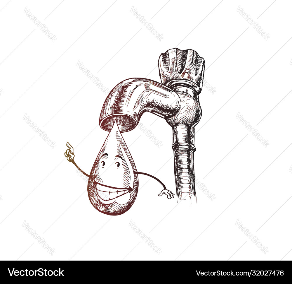 Tap drop save water life hand drawn sketch Vector Image
