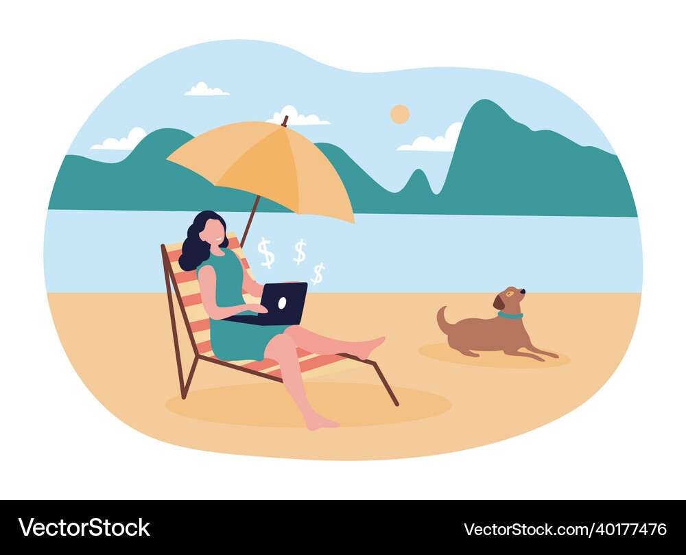 Woman freelancer on beach Royalty Free Vector Image