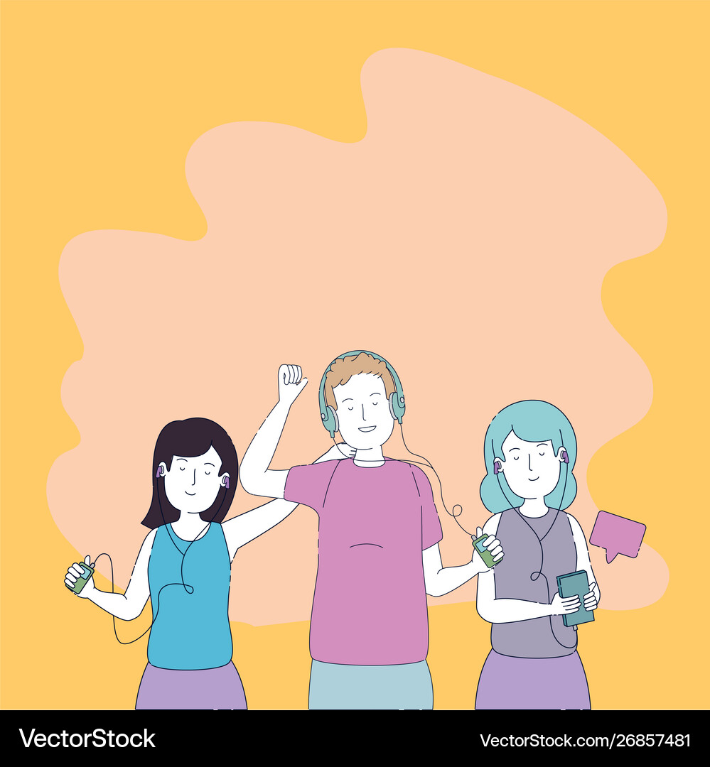 Group people listen music with player Royalty Free Vector