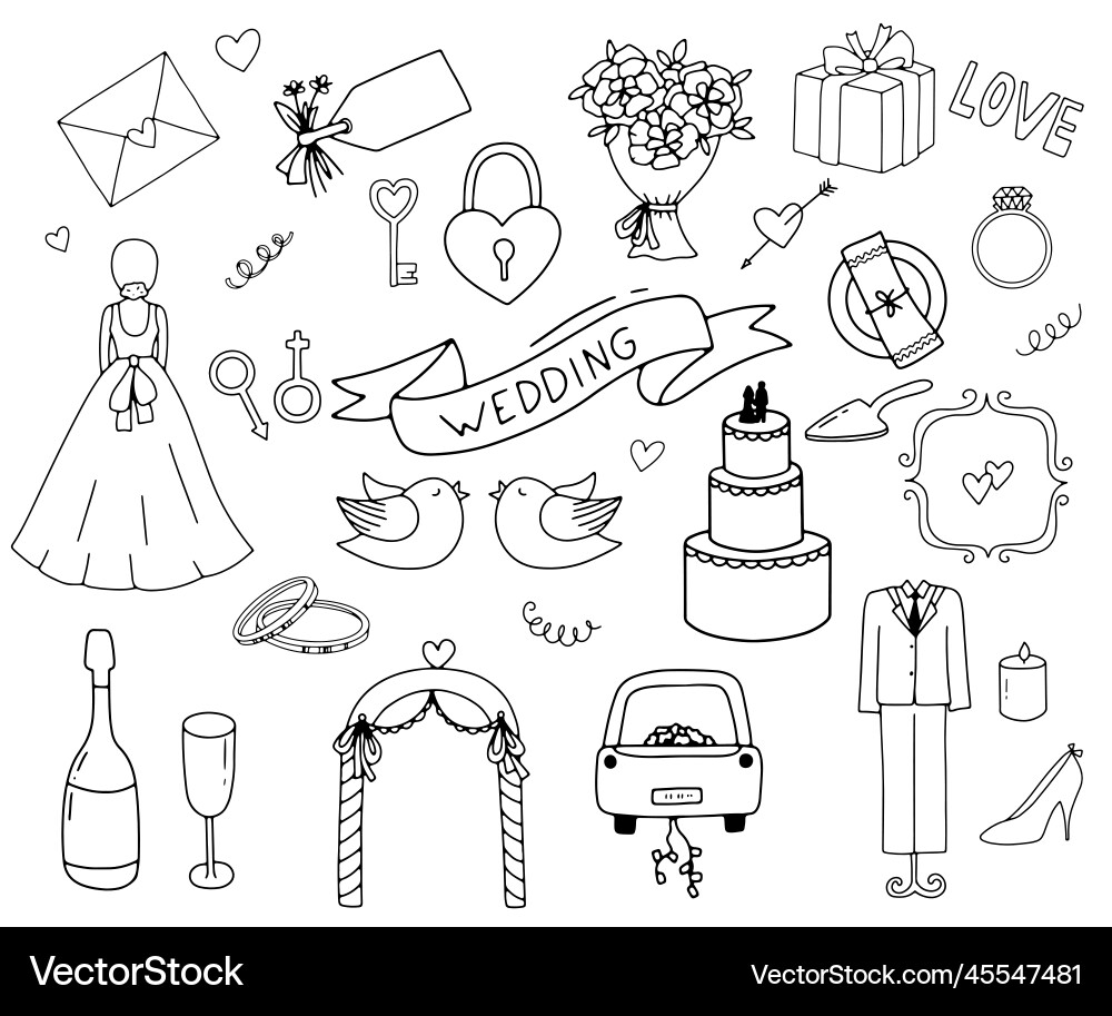 Wedding doodle set monochrome clipart bride Vector Image