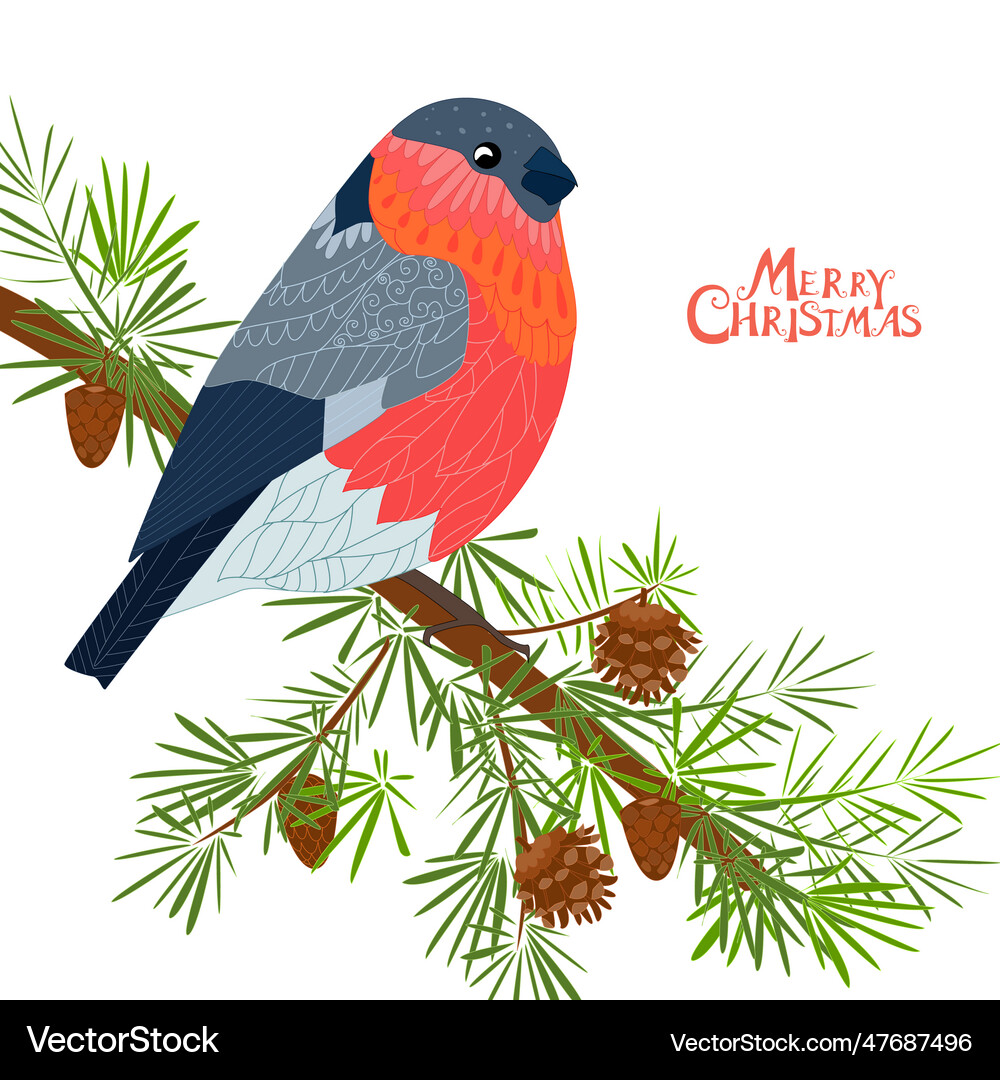 Greeting card with cute bullfinch sitting Vector Image
