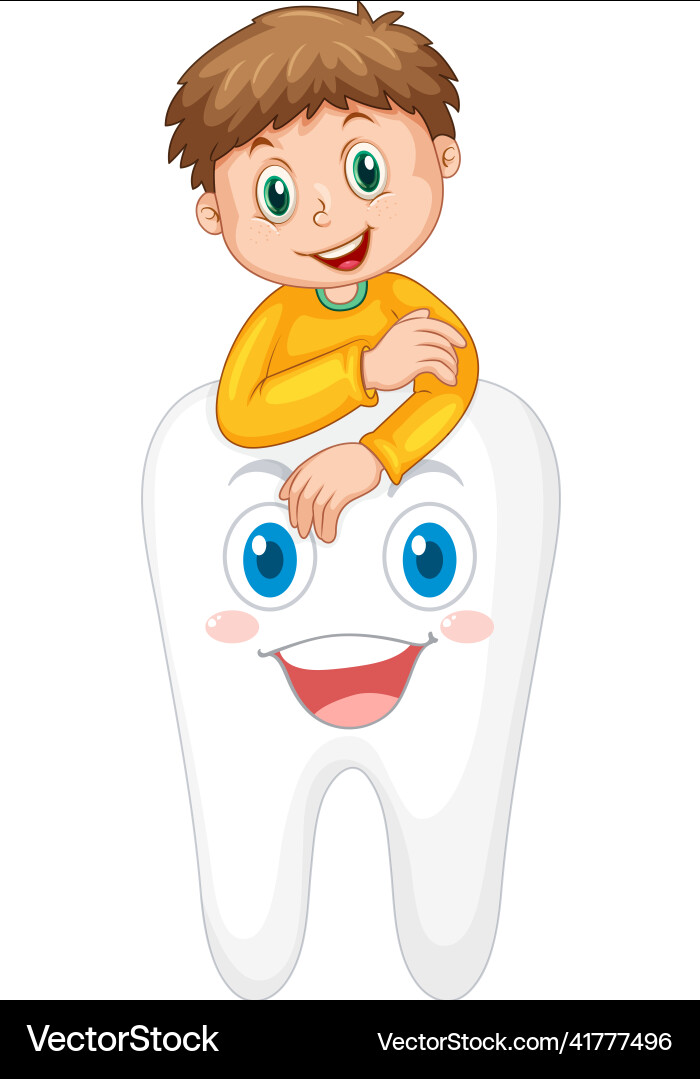 Happy kid holding a big tooth on white background Vector Image