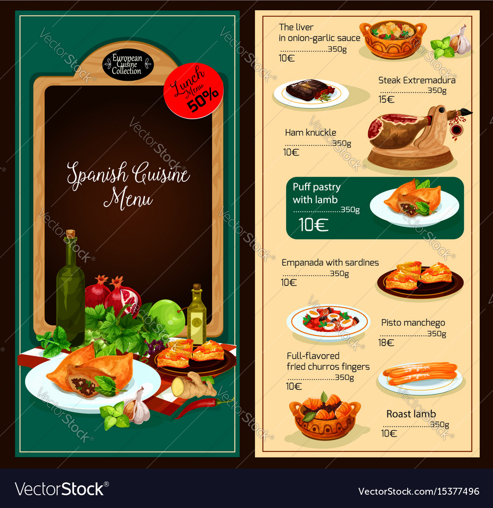 Menu Template Of Spanish Cuisine Restaurant Vector Image