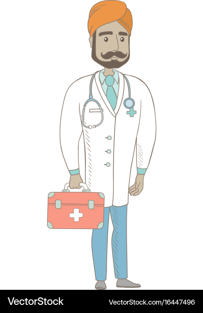 Young indian doctor holding first aid box Vector Image