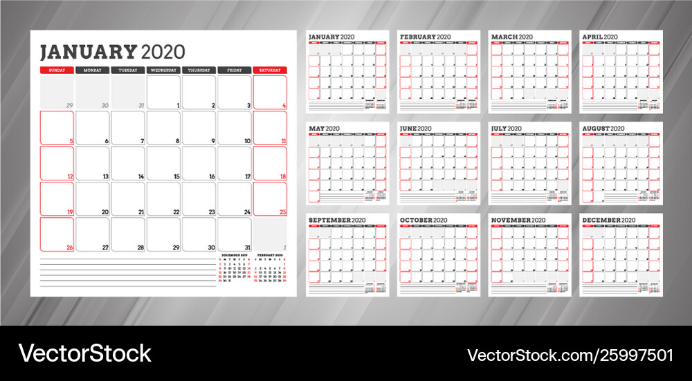 Calendar planner for 2020 year week starts Vector Image