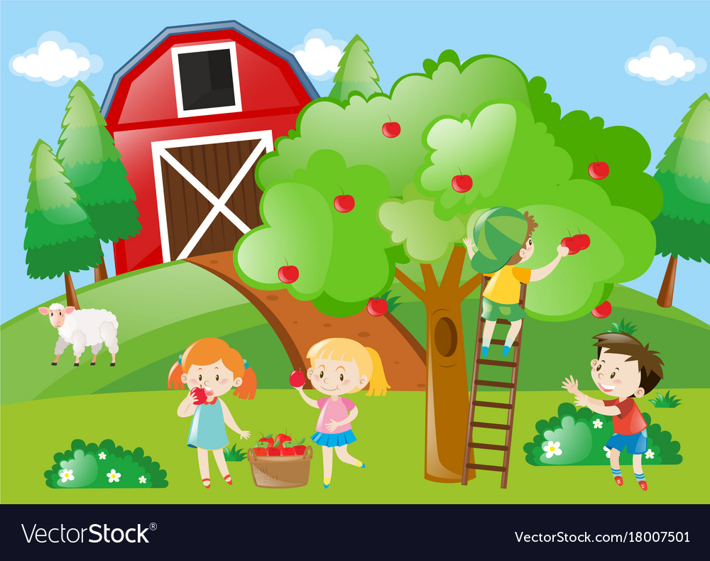 Children picking the apples from tree Royalty Free Vector
