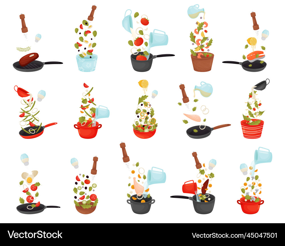 Food cooking process with frying pan pot Vector Image