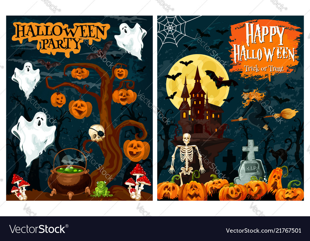 Halloween party banner of ghost house and pumpkin Vector Image
