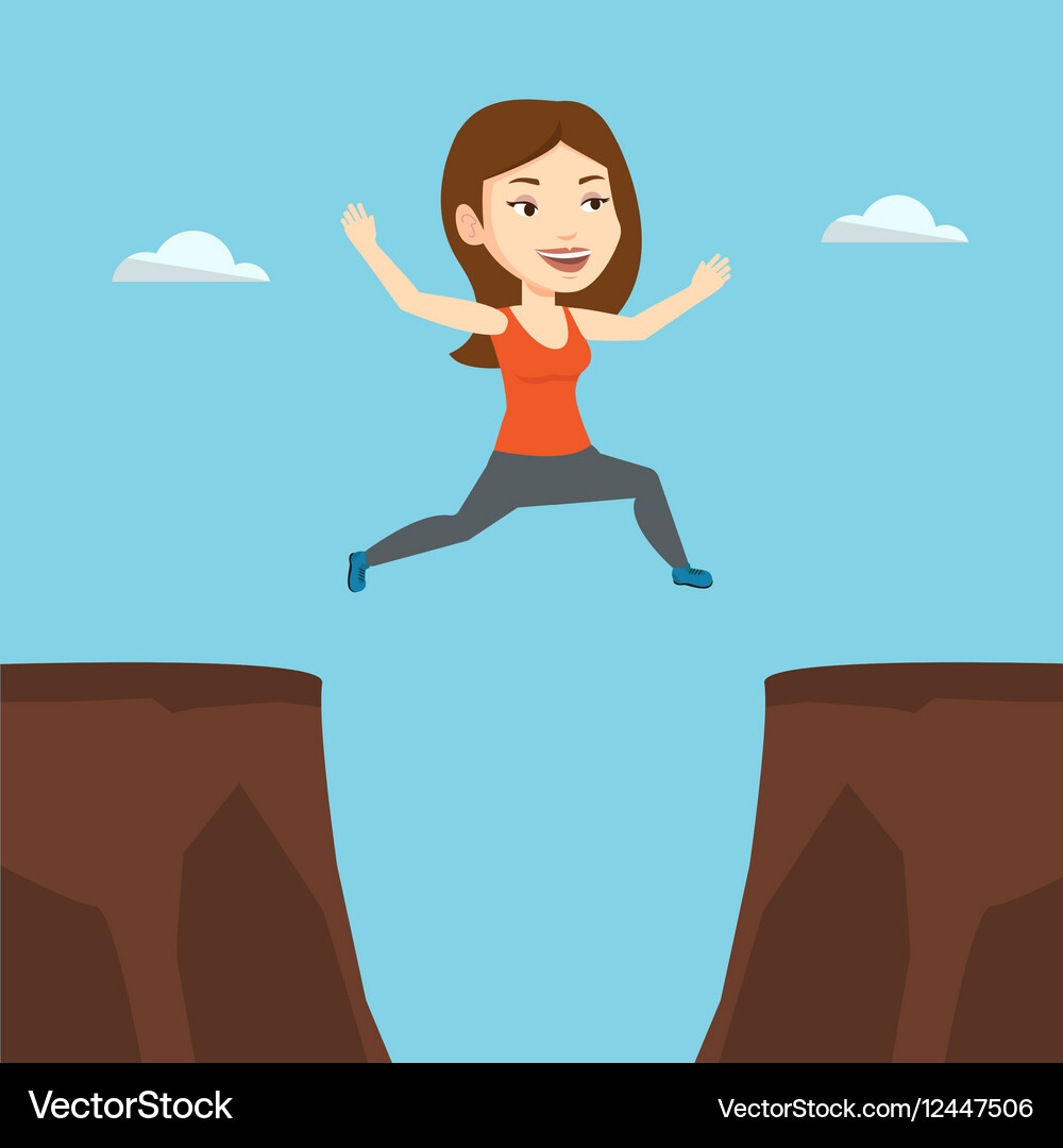 Sportswoman jumping over cliff Royalty Free Vector Image