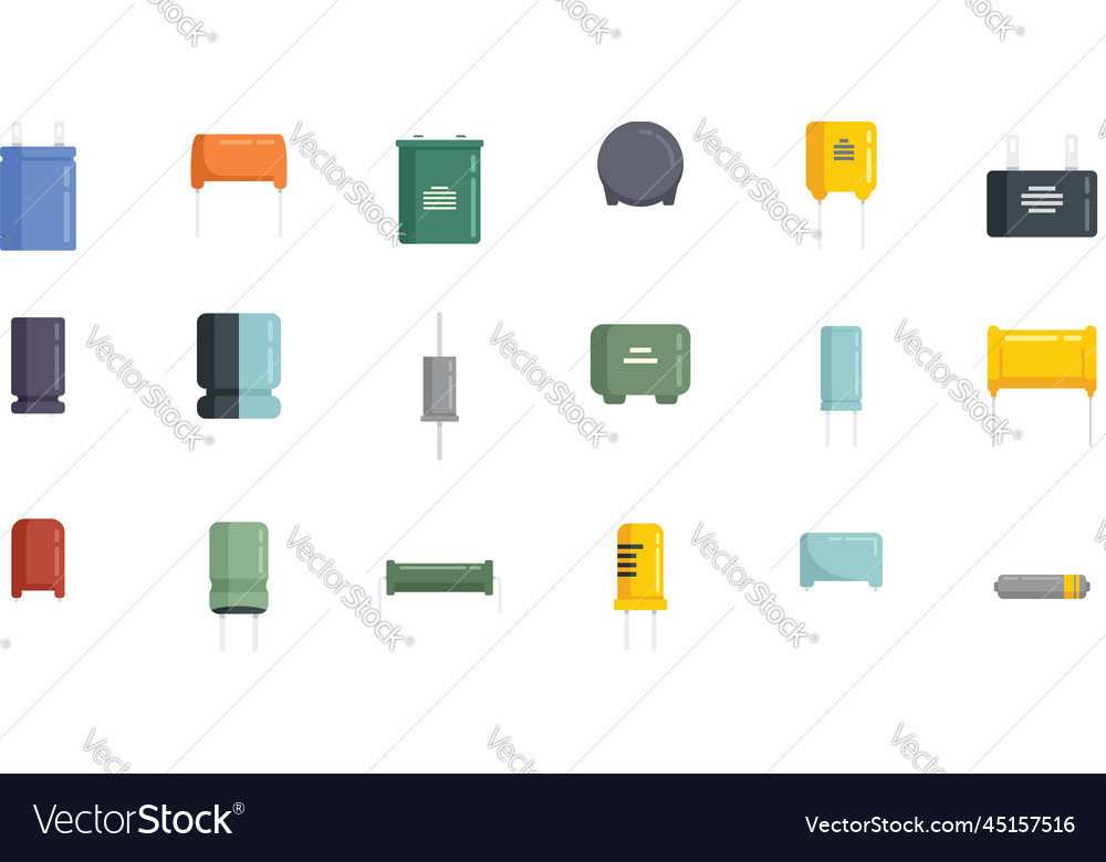 Capacitor icons set flat polyester ceramic Vector Image