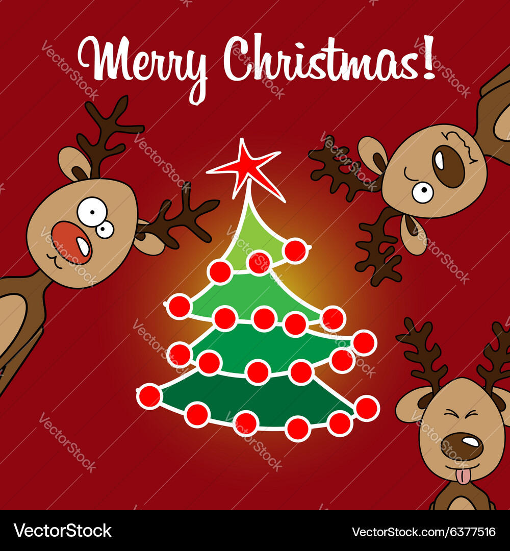 Card reindeer Rudolph and Christmas flat tree Vector Image