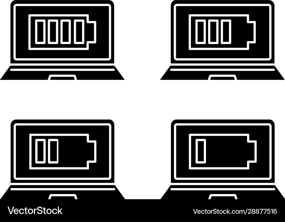 Laptop battery charging glyph icons set Royalty Free Vector