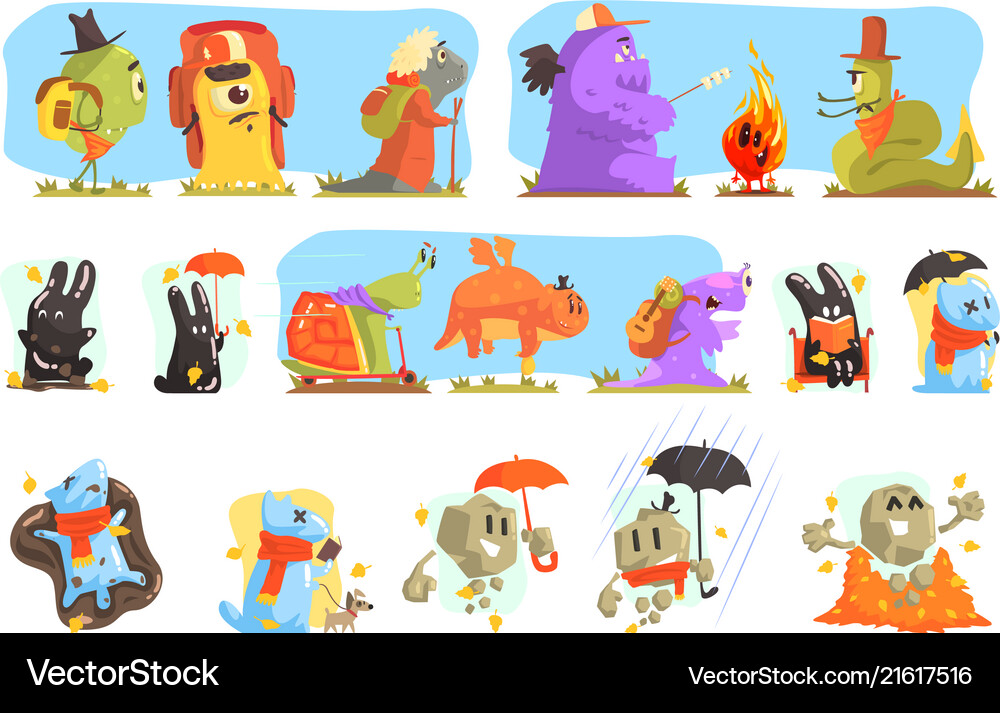 Monsters hiking and camping funky creatures Vector Image