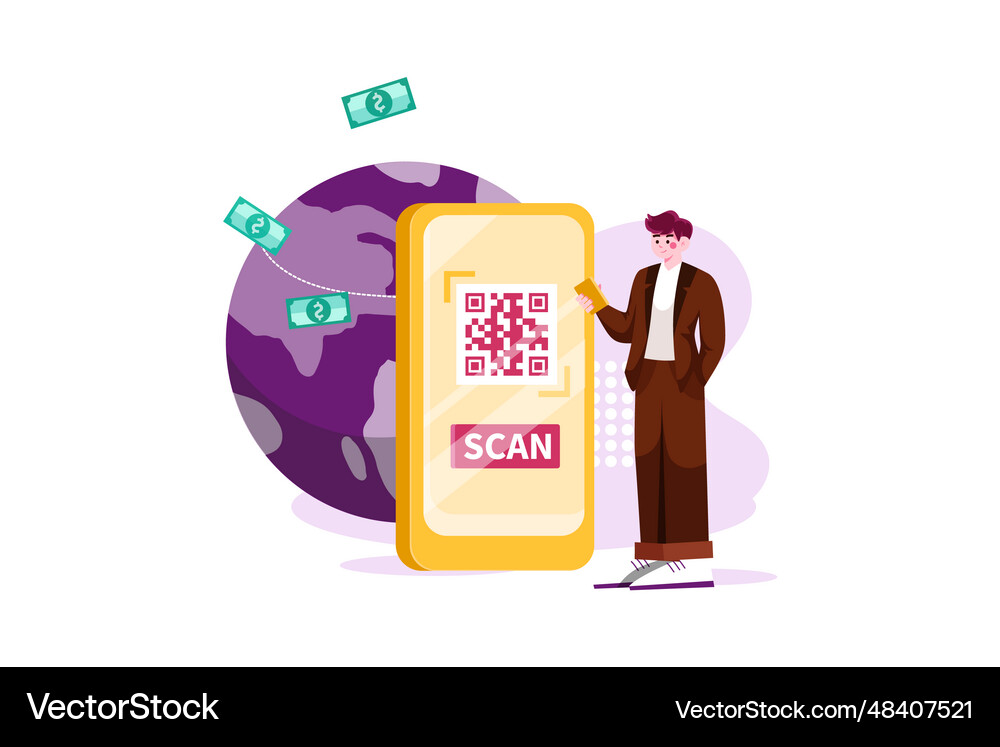 Businessman doing international payment via qr Vector Image