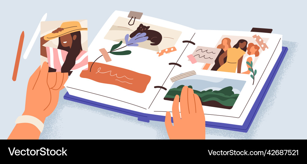 Hands making photo album paper book with memory Vector Image