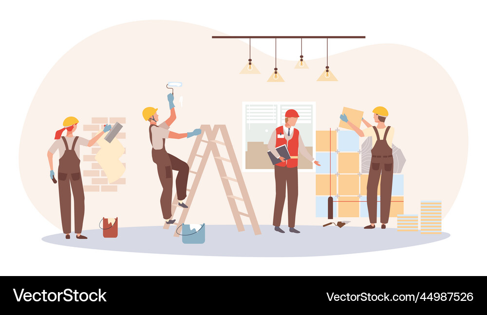 Group Of Builder People Character Repair Interior Vector Image