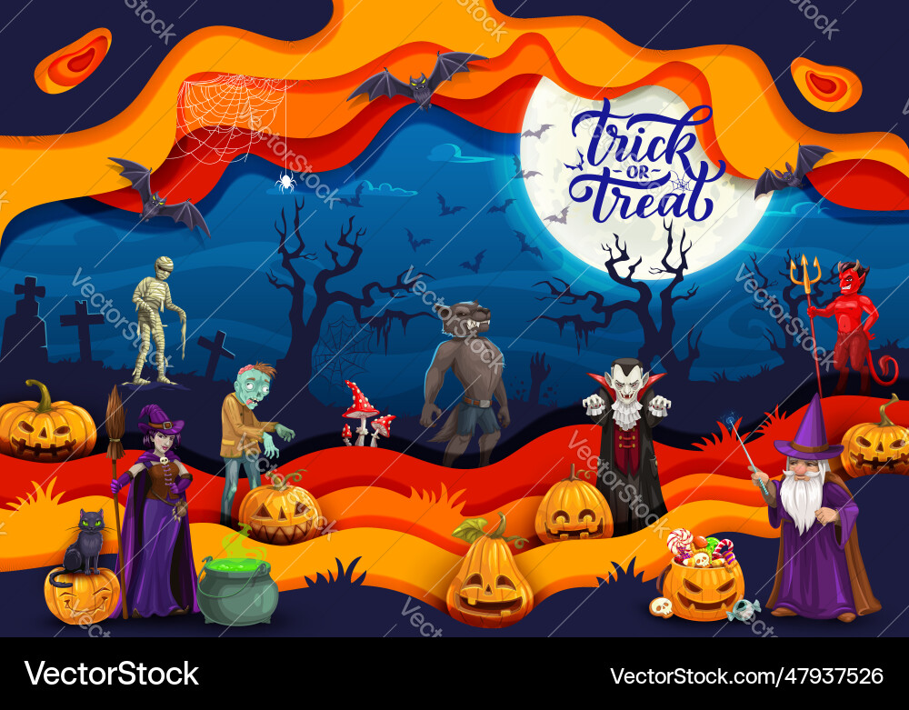 Halloween paper cut landscape with characters Vector Image