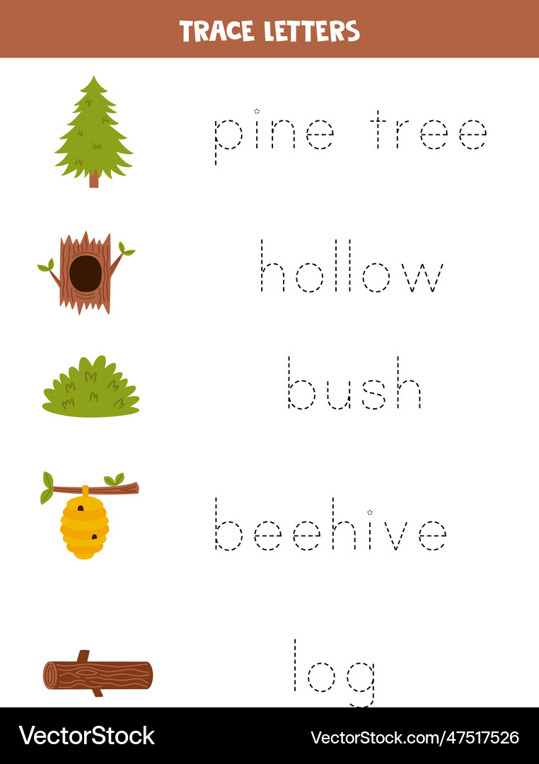 Tracing letters with cute woodland elements Vector Image