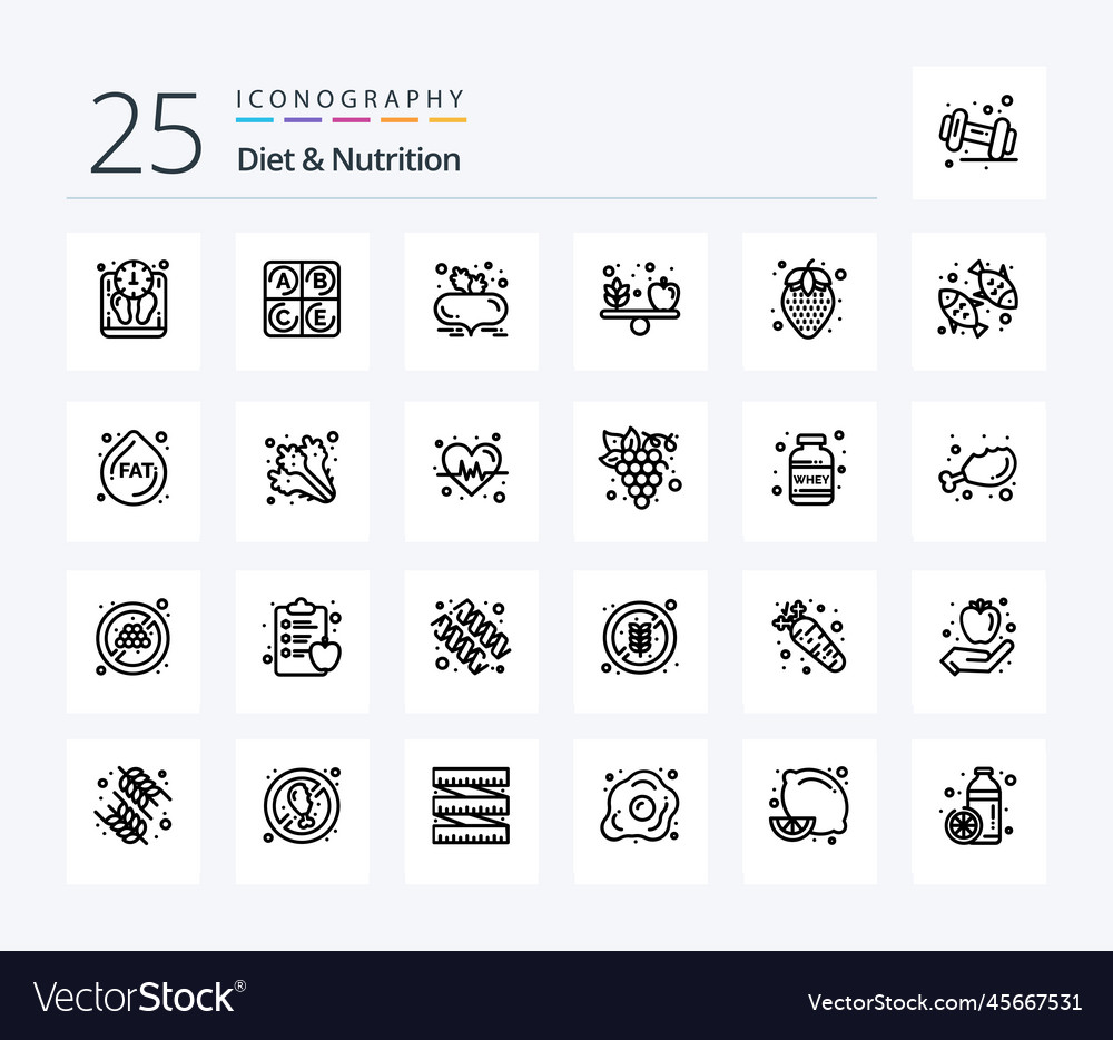 Diet and nutrition 25 line icon pack including Vector Image