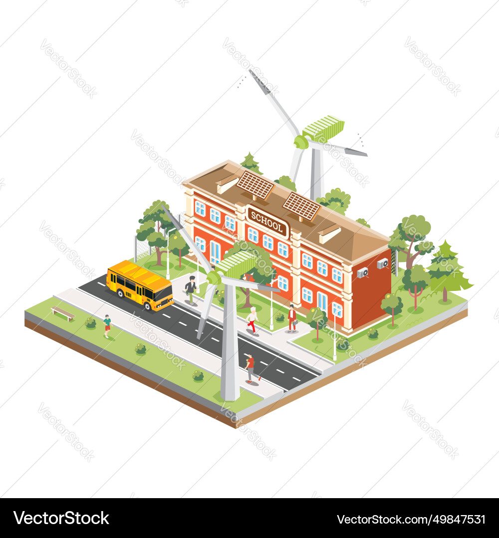 Isometric school building with solar panels and Vector Image