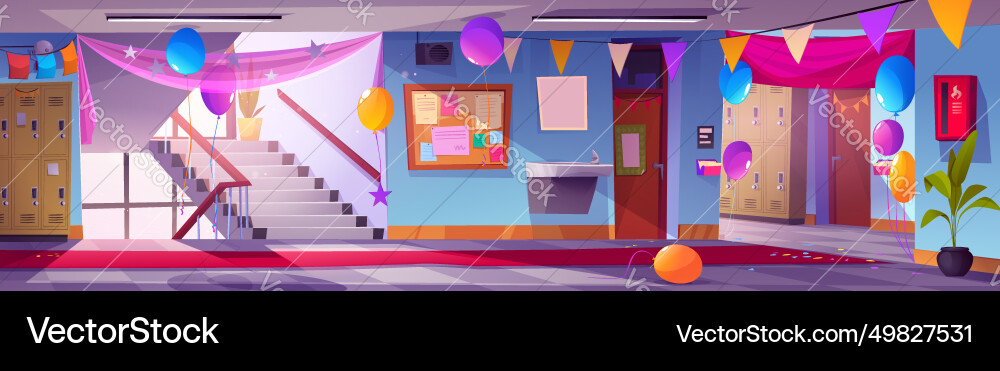 School hallway decorated with flags and balloons Vector Image
