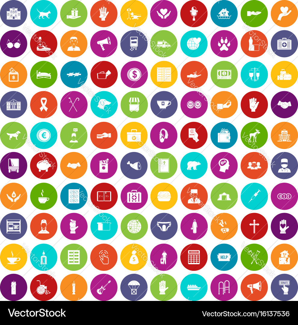 100 donation icons set color Royalty Free Vector Image