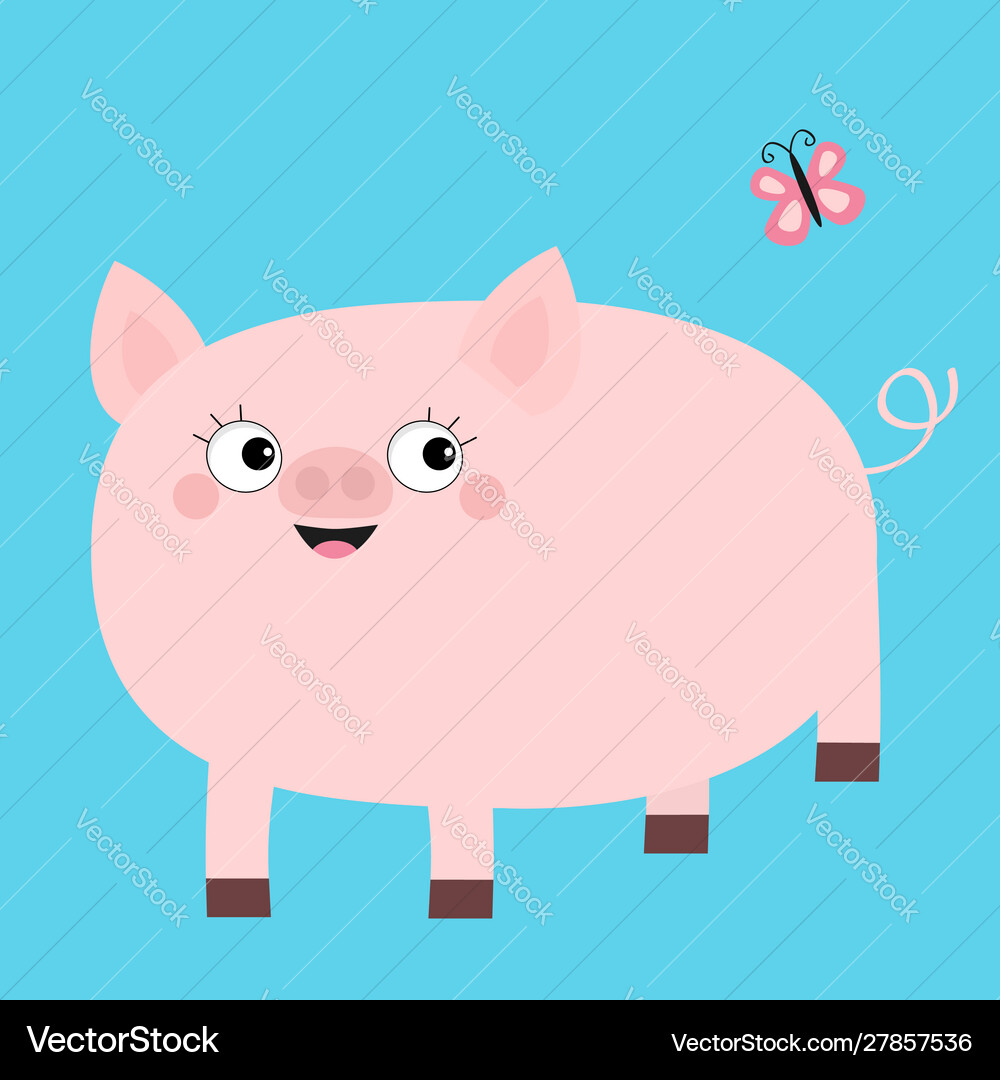 Pink pig looking at butterfly smiling face cute Vector Image