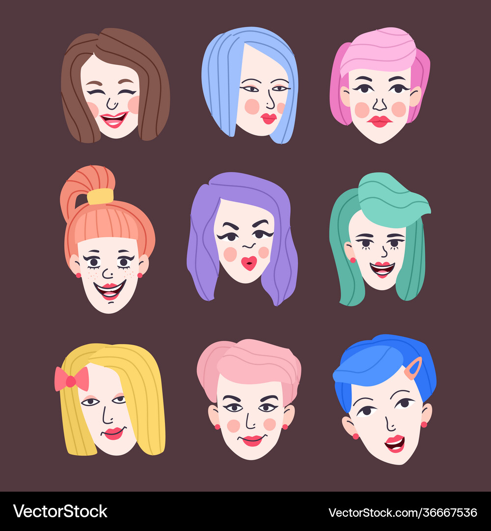 Set young female characters cartoon style Vector Image