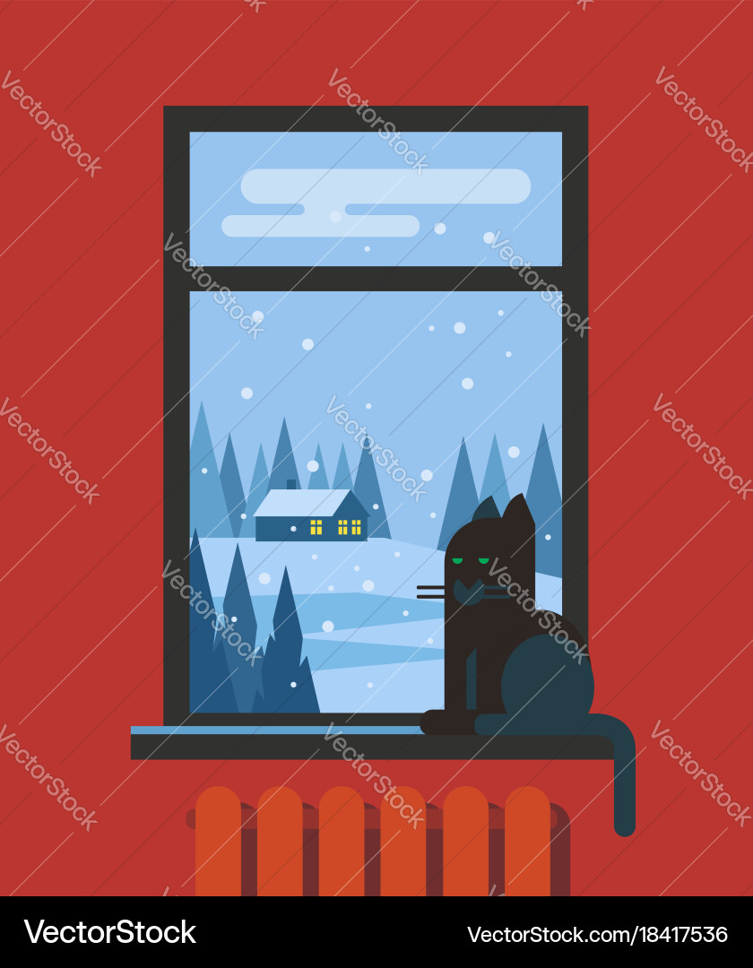 Window with cat and view of the landscape Vector Image