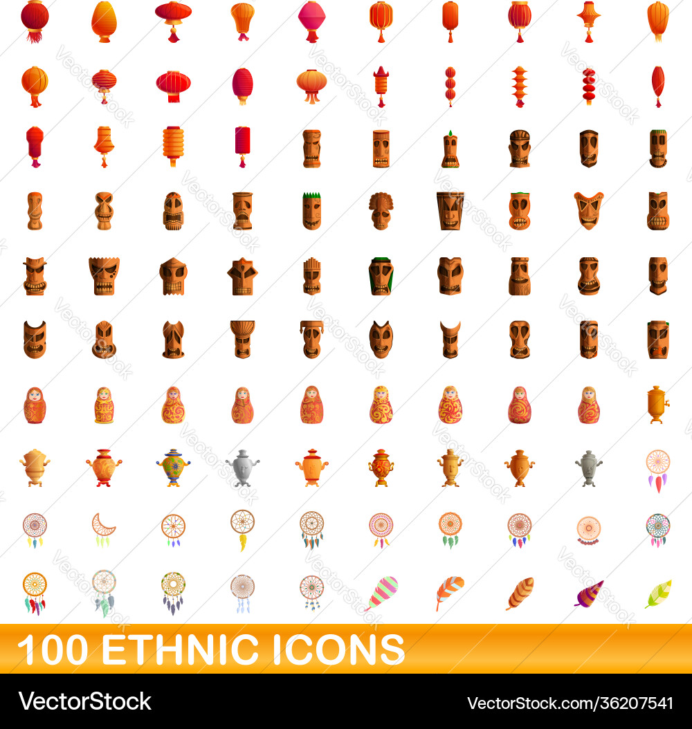 100 ethnic icons set cartoon style Royalty Free Vector Image