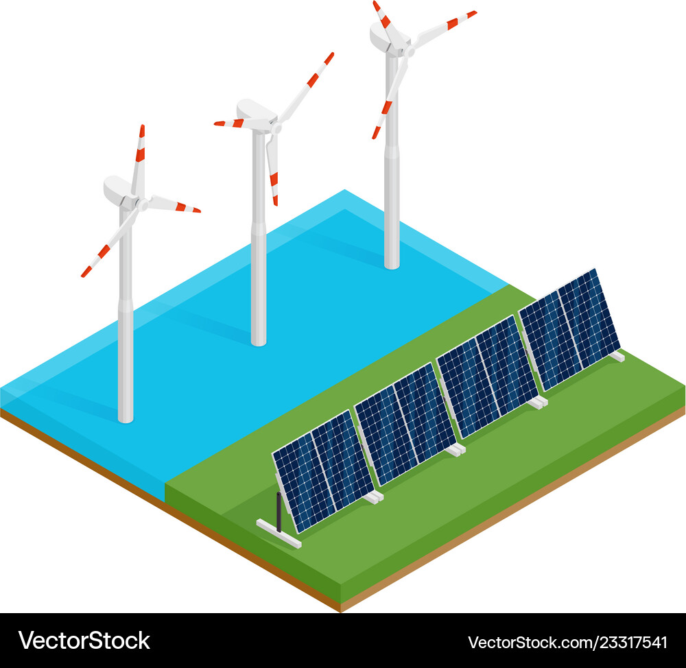 Isometric plant solar panels and offshore wind Vector Image