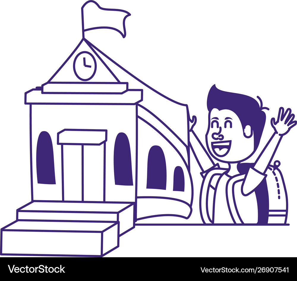 Little student boy with school building Royalty Free Vector