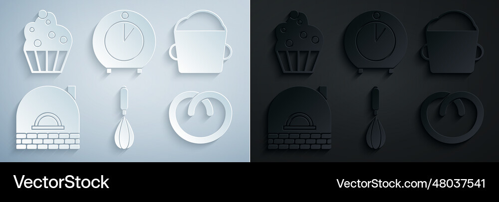 Set kitchen whisk bakery bowl dough brick stove Vector Image