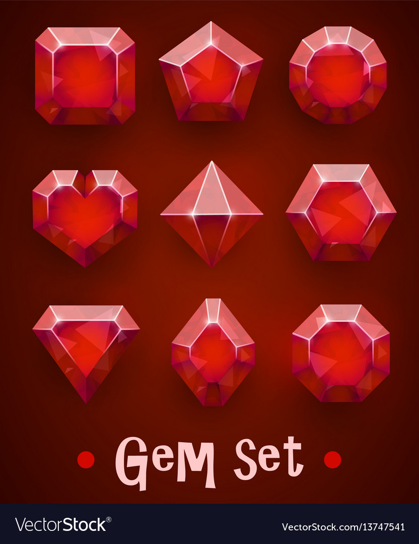 Set realistic red gems various shapes ruby Vector Image