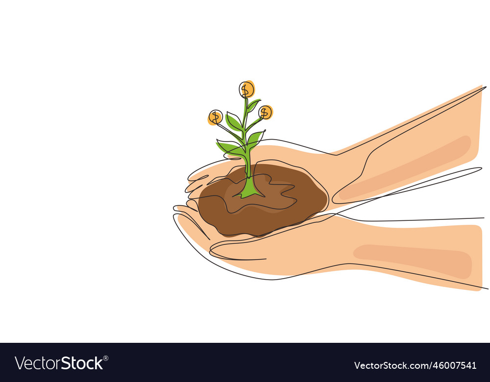 Single one line drawing hand holding sprout Vector Image