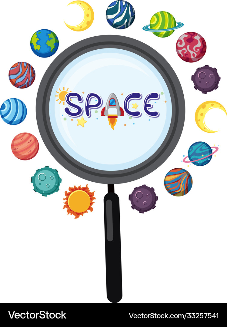 Space logo in magnifying glass with many planets Vector Image