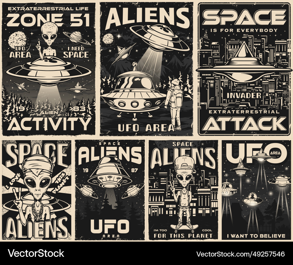 Aliens set vintage monochrome flyers Royalty Free Vector