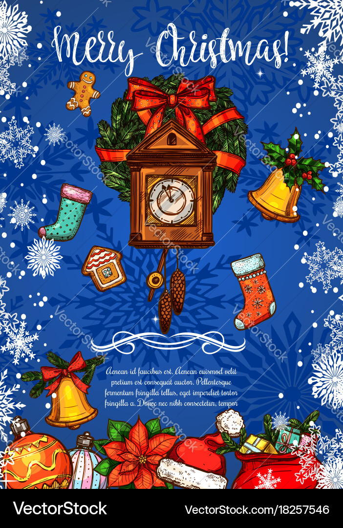 Merry christmas clock sketch greeting card Vector Image