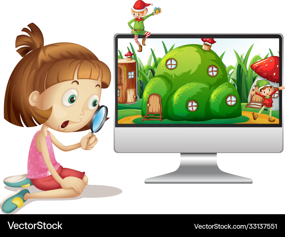 Girl with magnifying glass next to computer Vector Image
