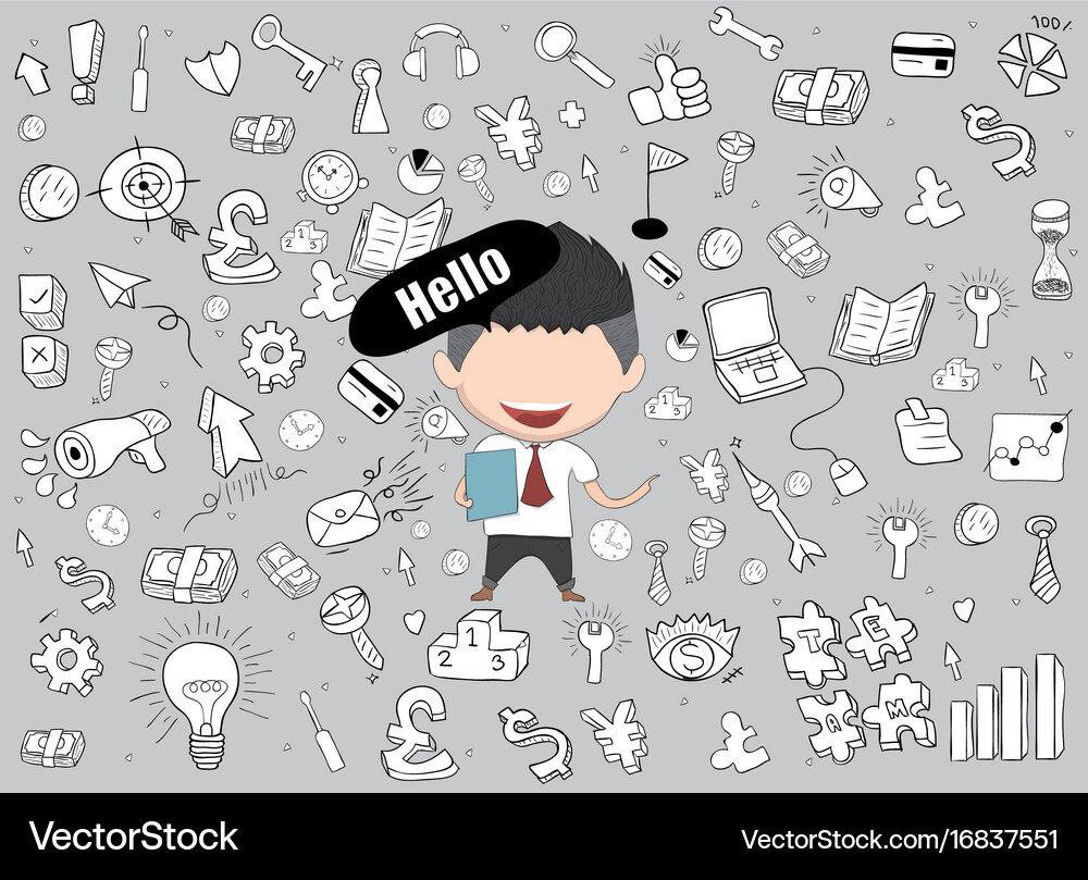 Happy face businessman business doodles objects Vector Image