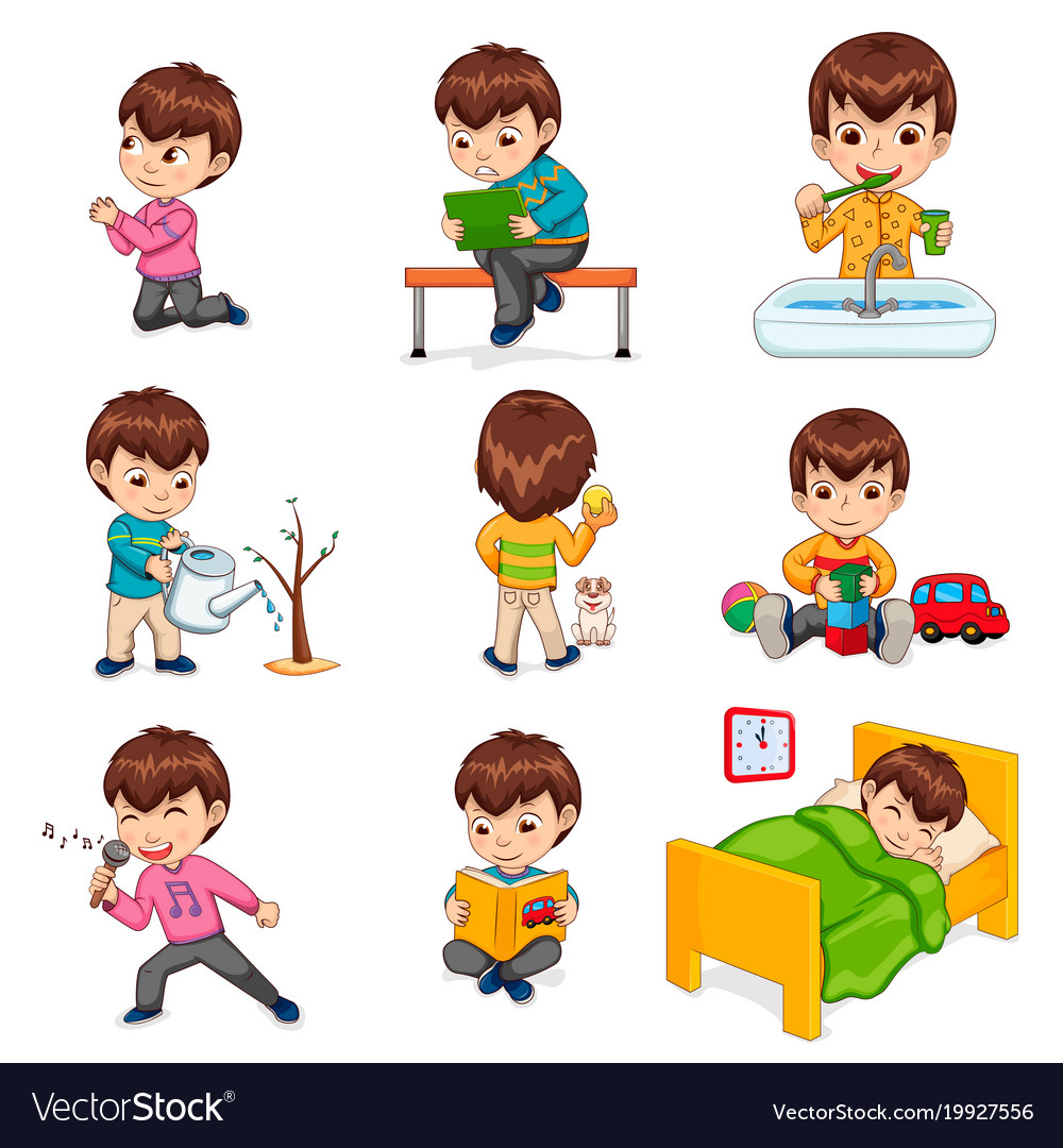 Boy does daily routine actions set Royalty Free Vector Image Boy does daily routine actions set Royalty Free Vector Image