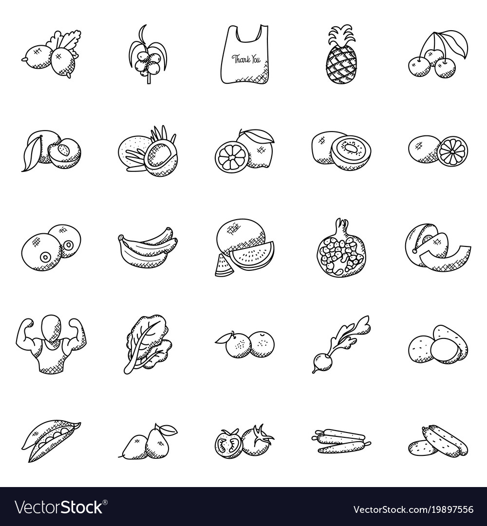 Doodles pack of fruits and vegetables Royalty Free Vector