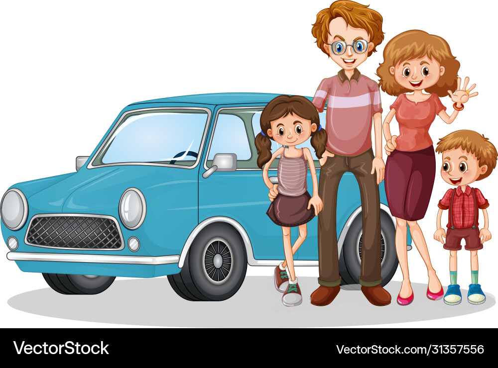 Happy family in front car Royalty Free Vector Image