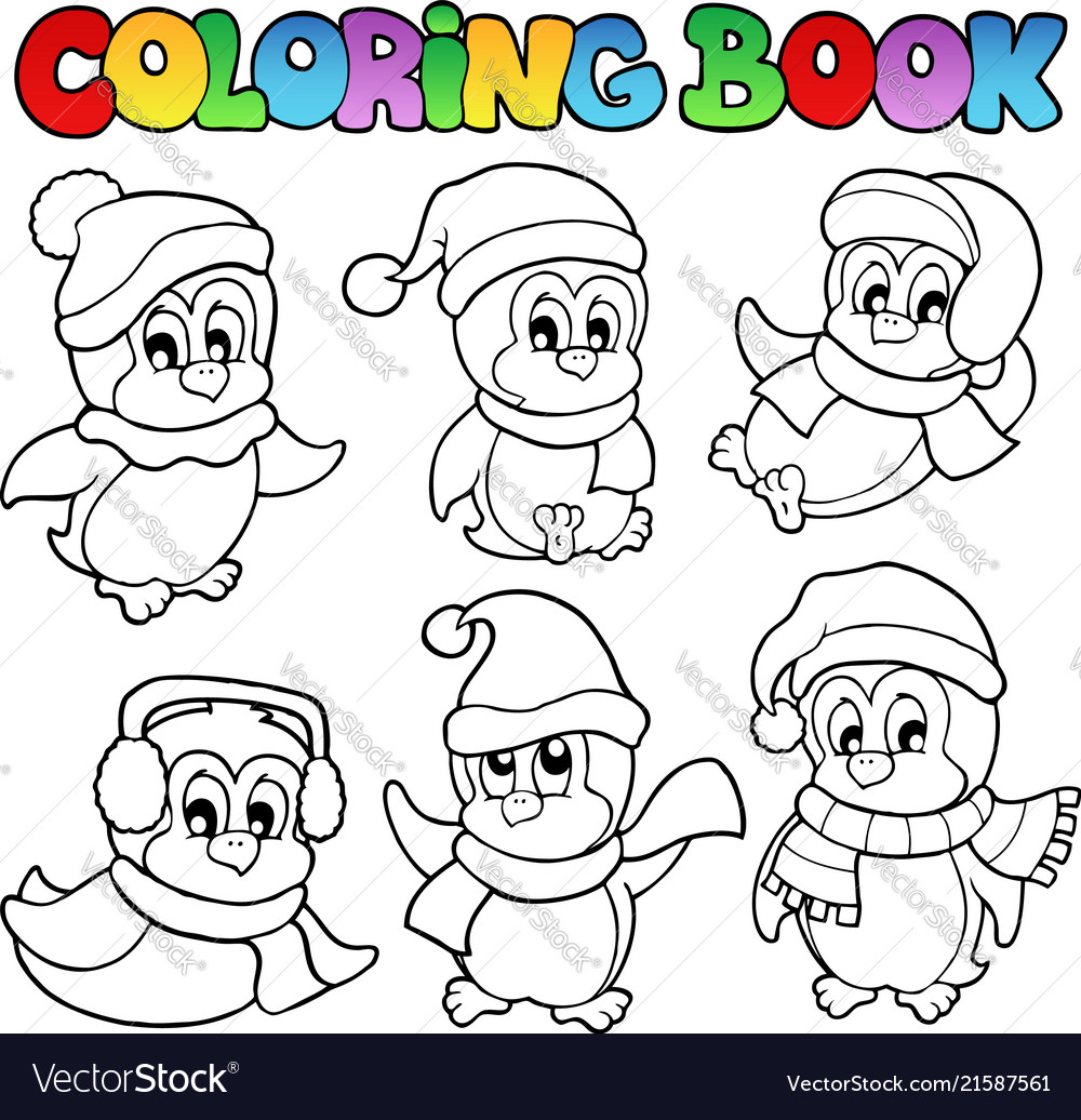 Coloring book cute penguins 3 Royalty Free Vector Image